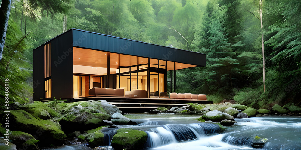 modern villa in the forest with a river. generative ai Stock ...