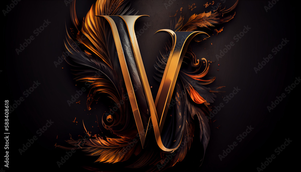 Capital letter V ateampunk alphabet in gold and black colour created ...