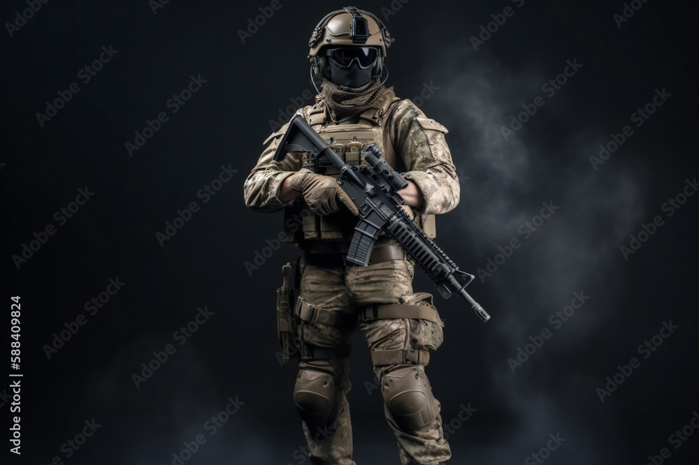 Special Forces Military Unit in Full Tactical Gear posing, on a black ...