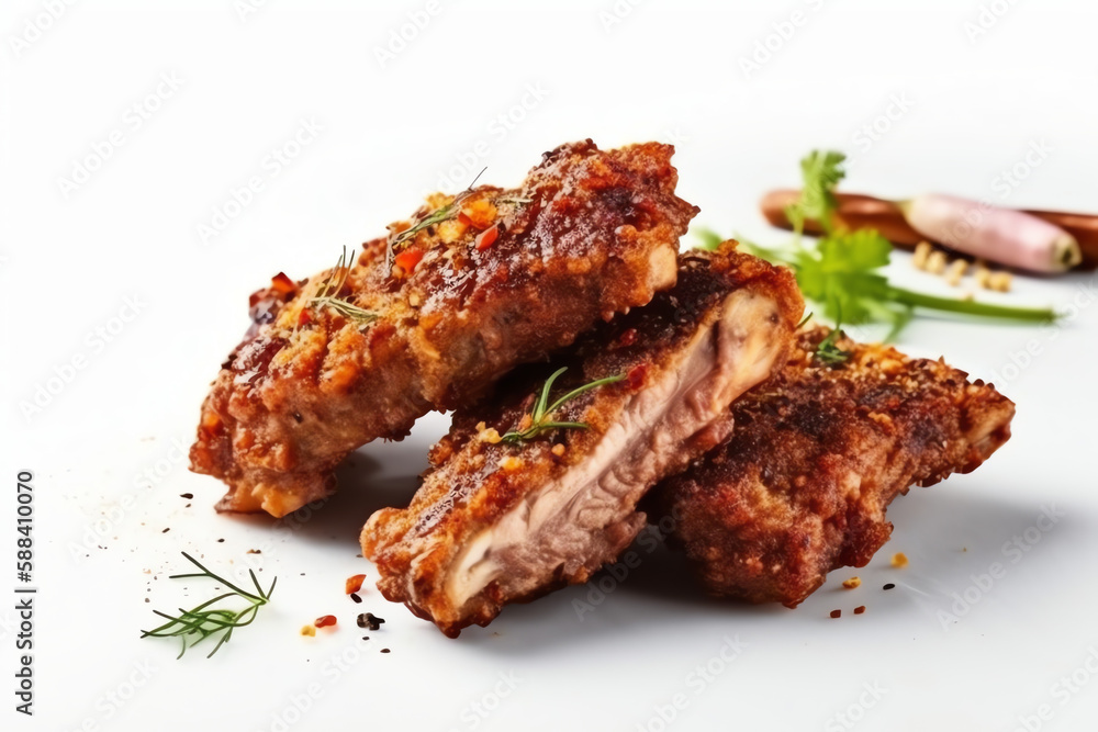 Fried pork spare ribs with garlic and pepper mockup, On white ...