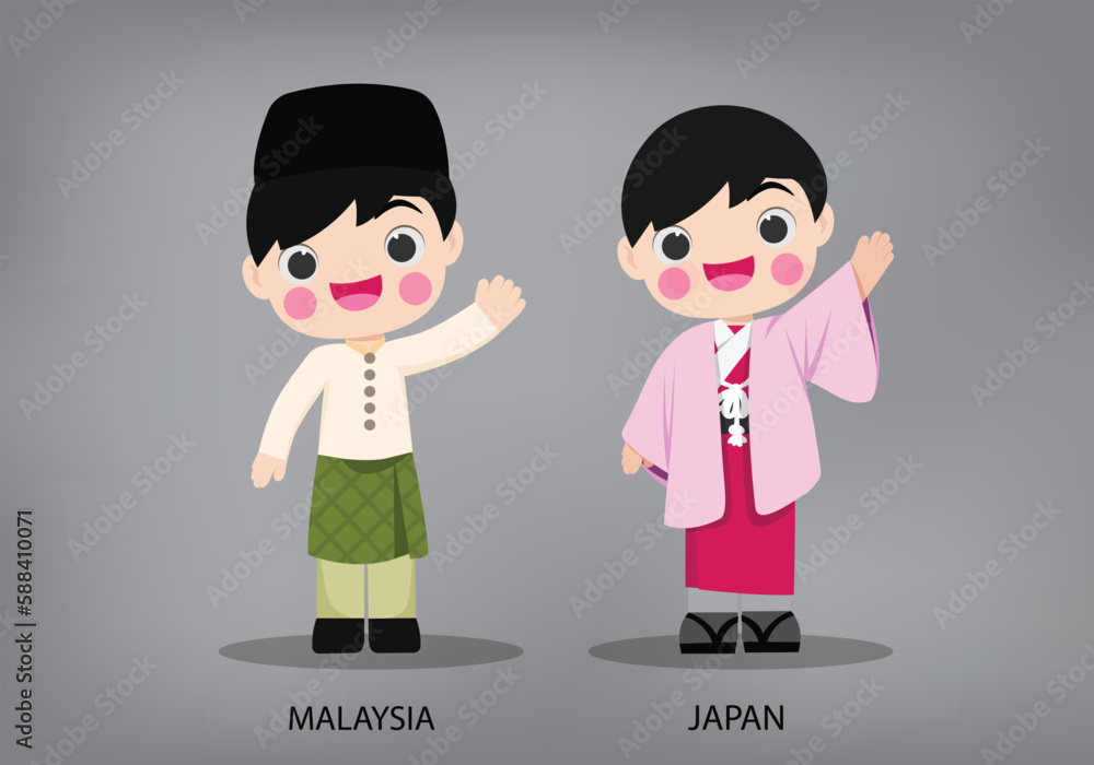 Malaysia and Japan international characters in traditional costume ...