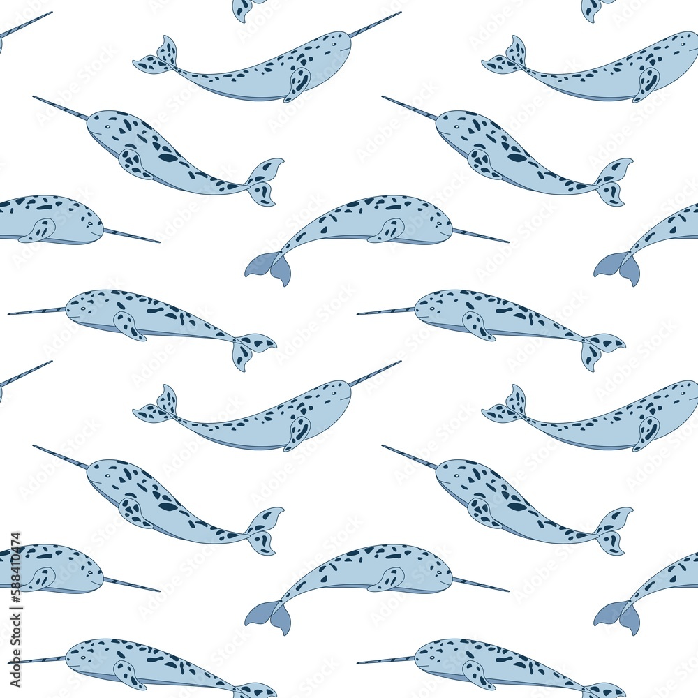seamless pattern with cute swimming narwhals on white background. Sea ...