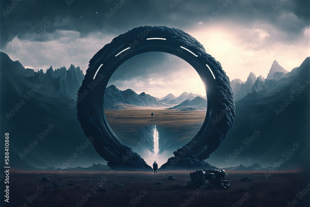 Spaceman travel through the space with mysterious sci-fi fantasy portal ...