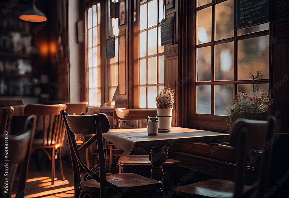 Wooden cafe interior with table and chairs and panoramic windows ...