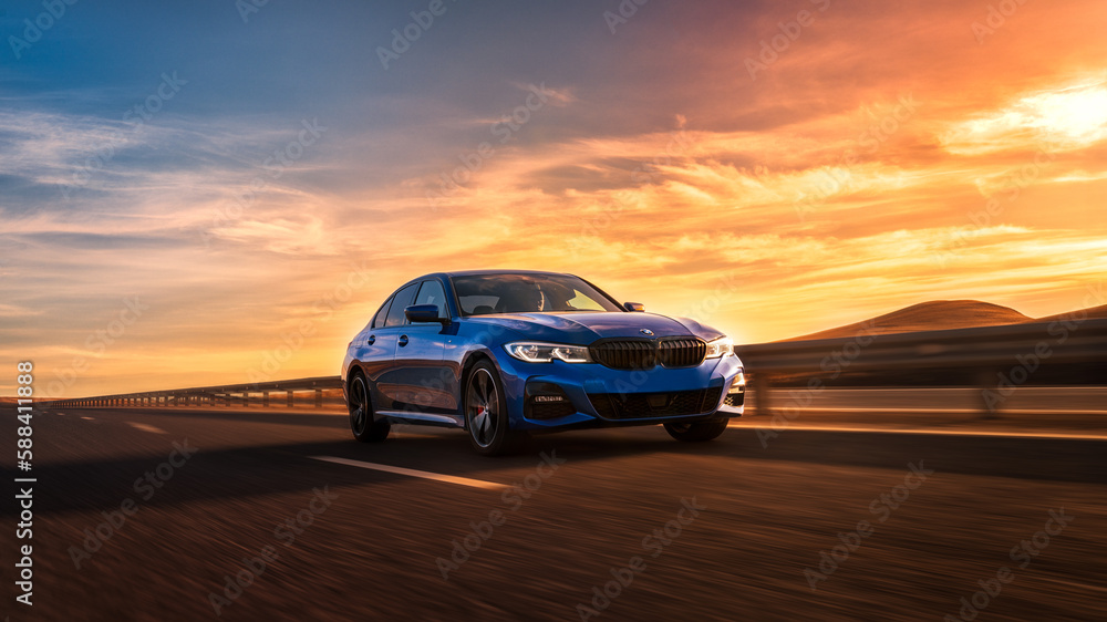 Seattle, Washington, USA March 31, 2023 blue BMW 320 with M Performance ...