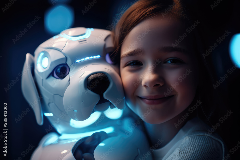 Little girl child hugging a white modern pet dog robot with copy space ...