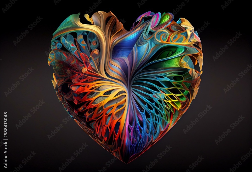 Rainbow-colored abstract heart render with a kaleidoscope effect ...