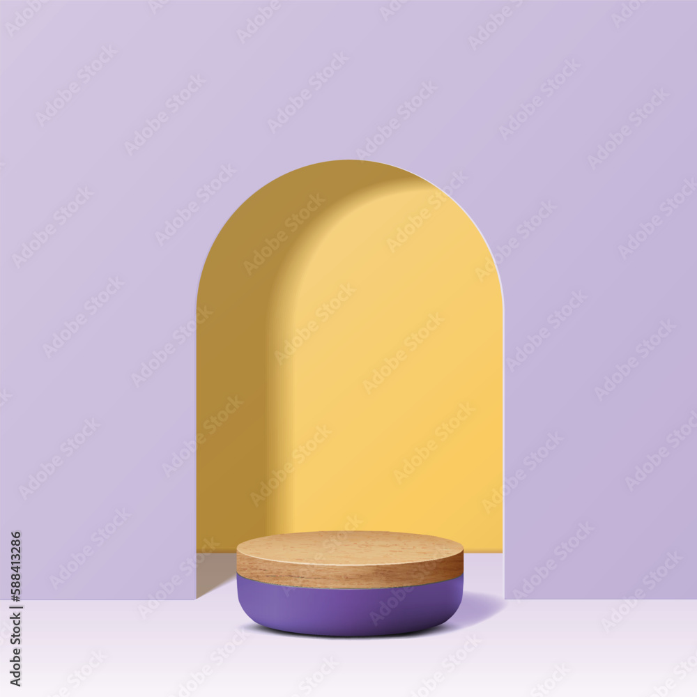 Background for product scene. Wooden and purple product display podium ...