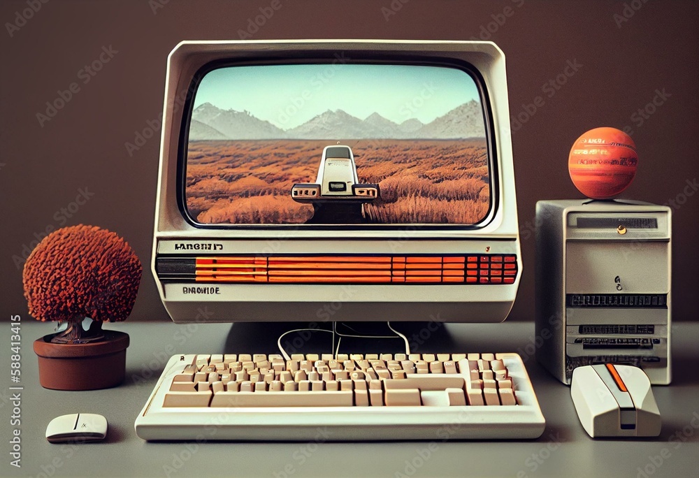Retro Vintage Desktop Computer with Keyboard and Mouse front view ...