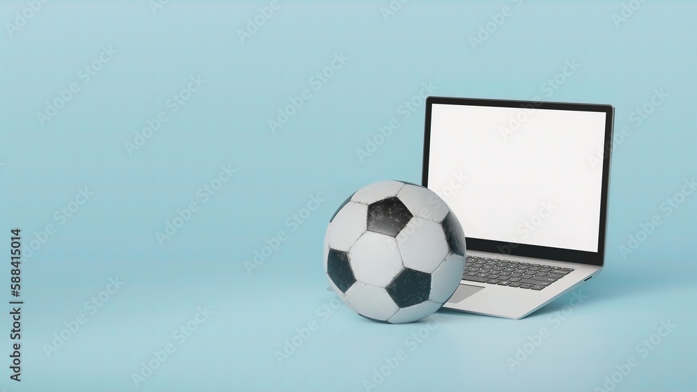 Soccer ball in front of laptop with white screen descends into frame ...