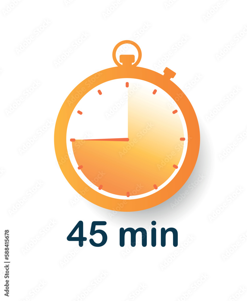 45 minutes clock icon. Hour segment, time and deadline. Motivation and ...