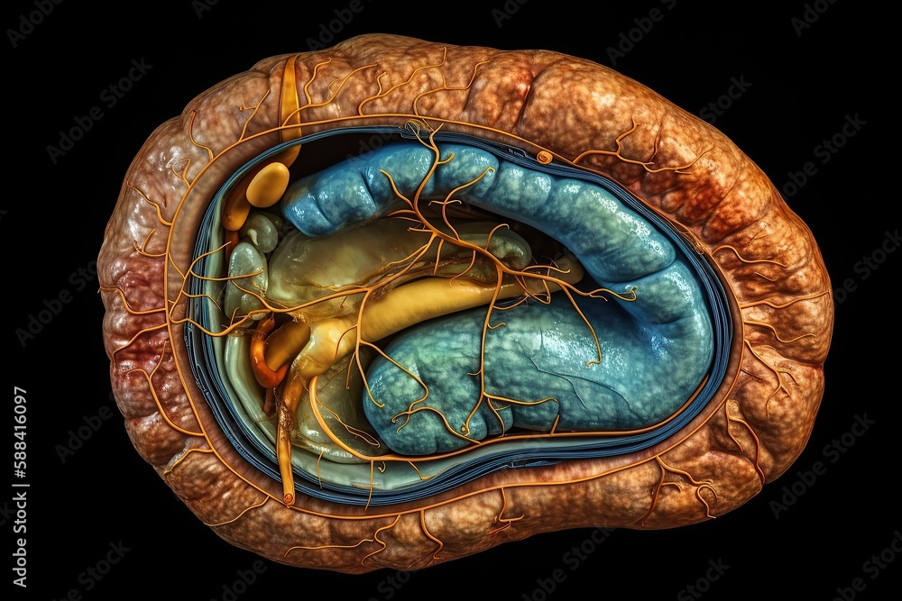 Anatomy drawing showing the pancreas, duodenum, and gallbladder created ...
