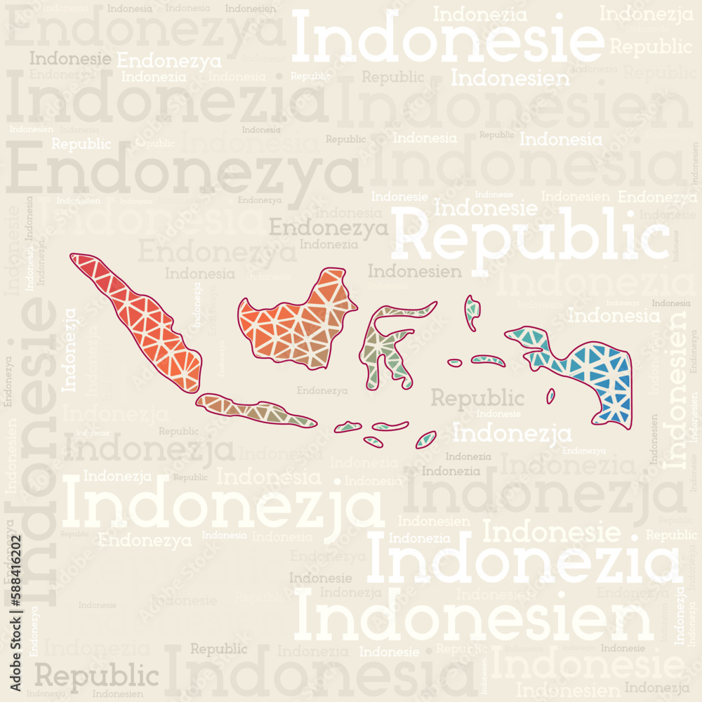 INDONESIA map design. Country names in different languages and map ...