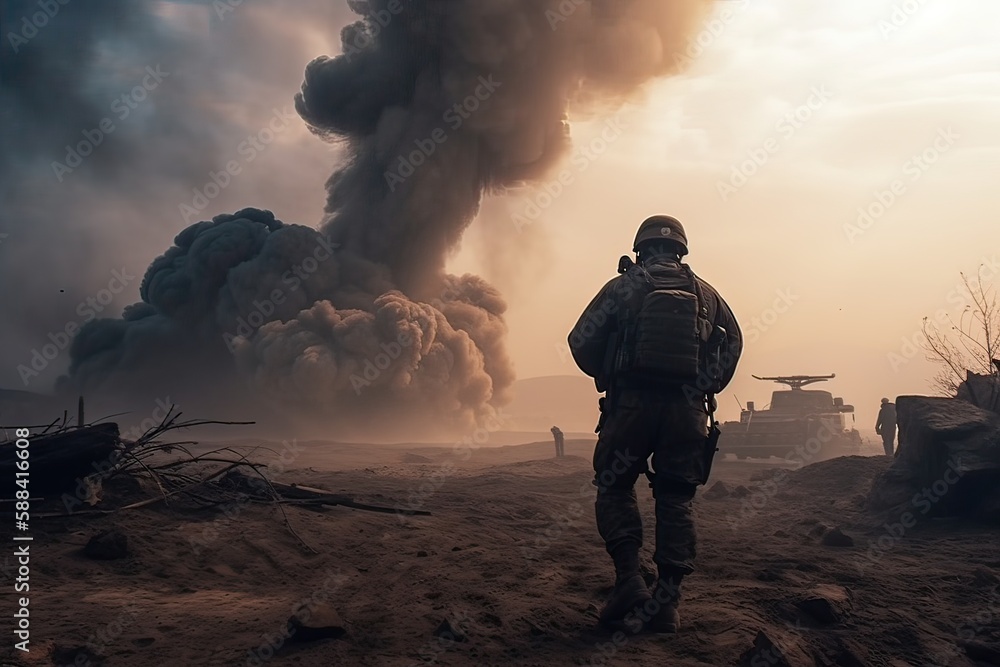 Stockillustratie Lone soldier walking on the battlefield. Illustration ...