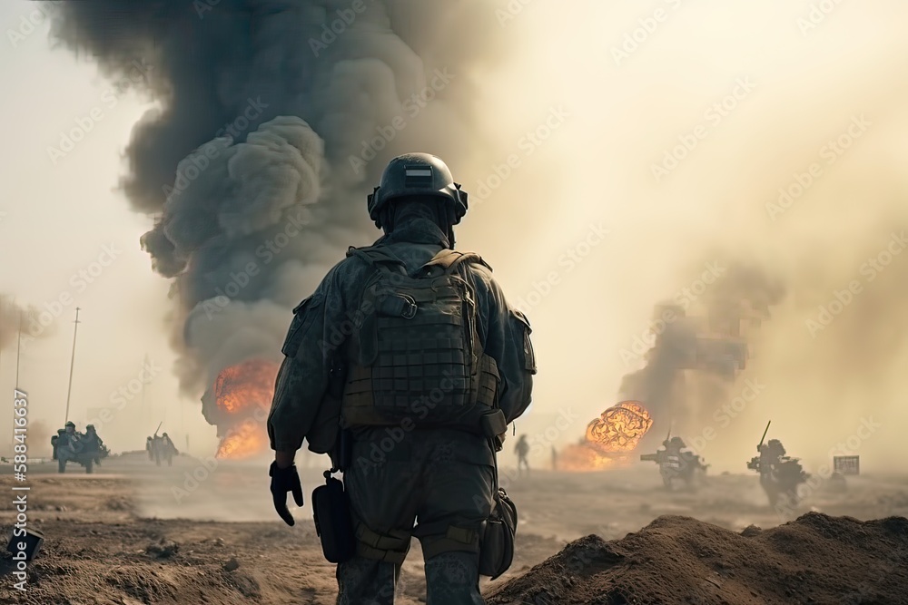 Lone soldier walking on the battlefield. Illustration of a military man ...