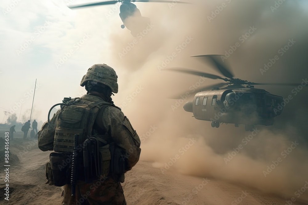 Lone soldier walking on the battlefield. Illustration of a military man ...