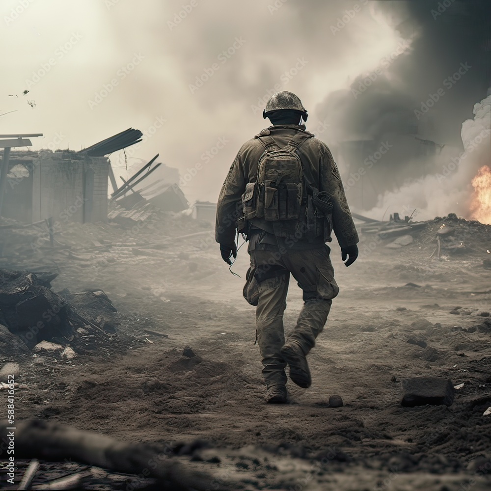 Lone soldier walking on the battlefield. Illustration of a military man ...