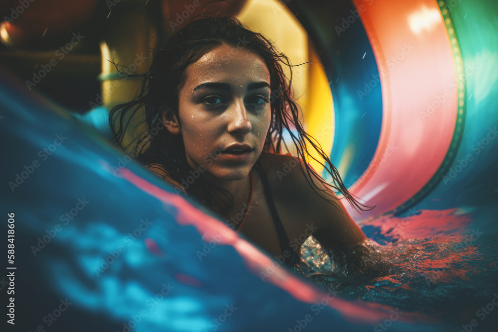 Beautiful Spanish teenage girl at aquapark spa water slide, front view ...