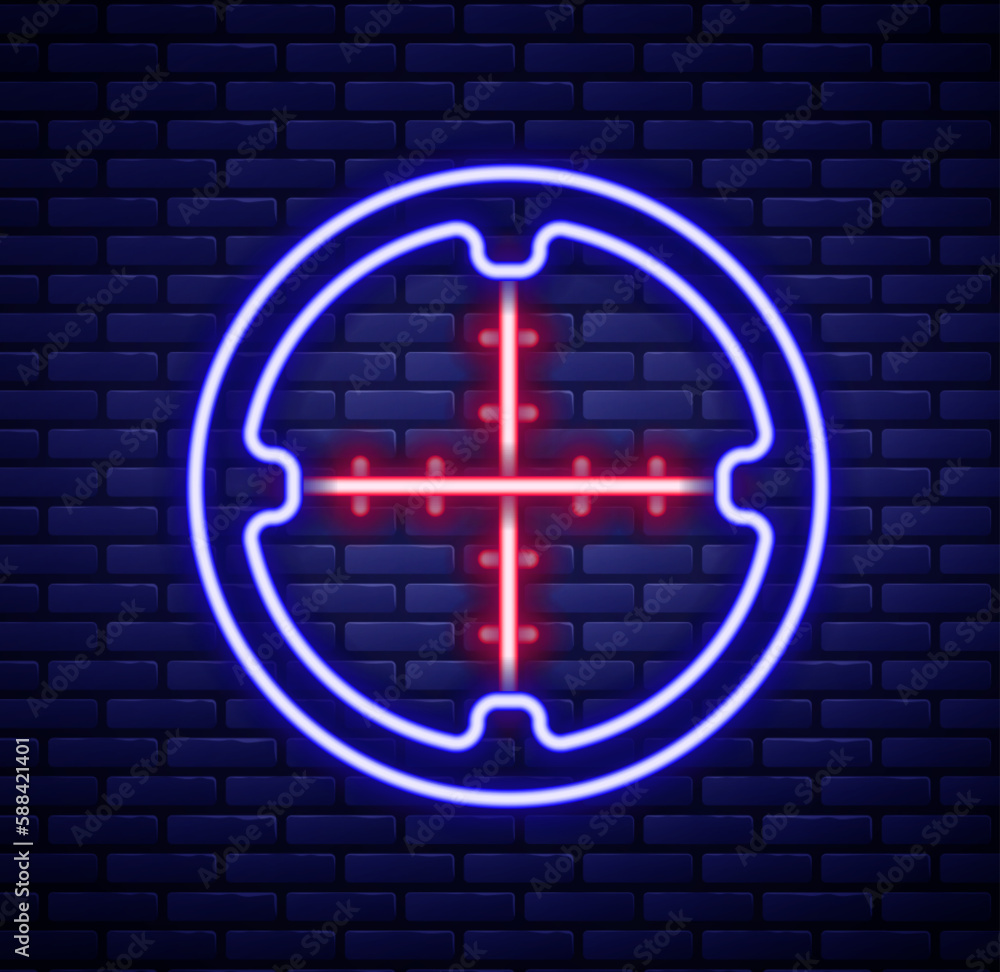 Glowing neon line Sniper optical sight icon isolated on brick wall ...