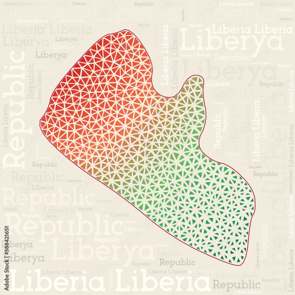 LIBERIA map design. Country names in different languages and map shape ...