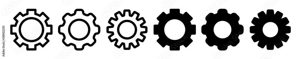 Set of gear or cog wheel icons. Filled and outlined icon collection pf ...