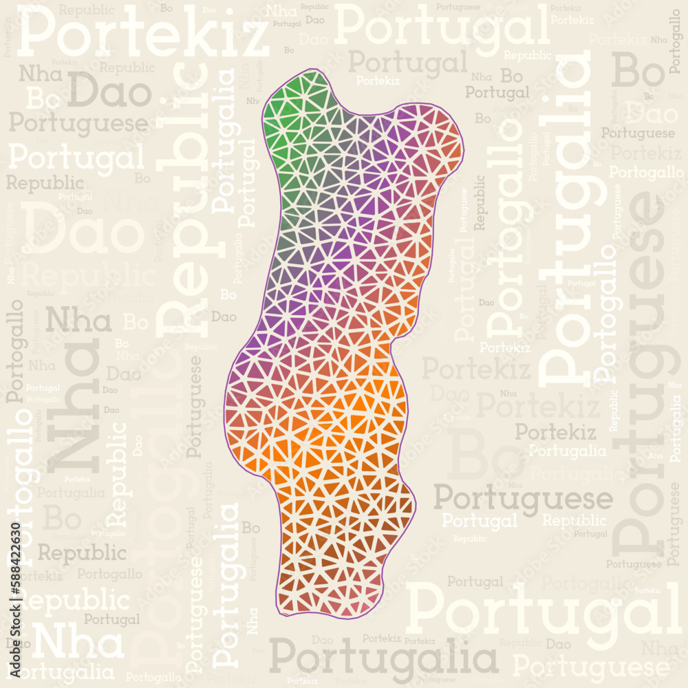 PORTUGAL map design. Country names in different languages and map shape ...