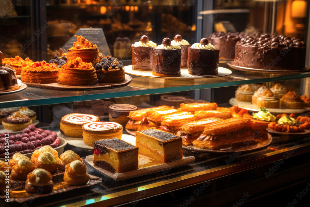 Display case filled with lots of different types of cakes,. tarts and ...