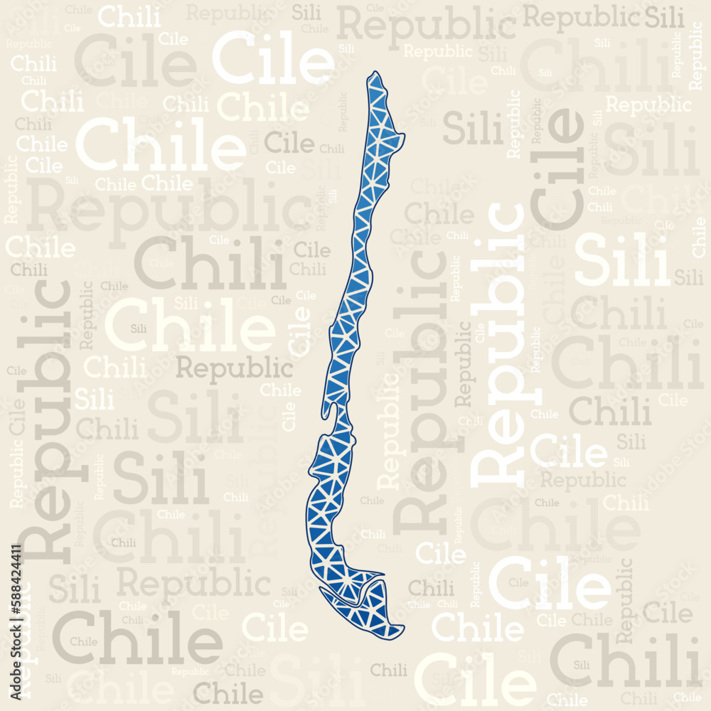 CHILE map design. Country names in different languages and map shape ...