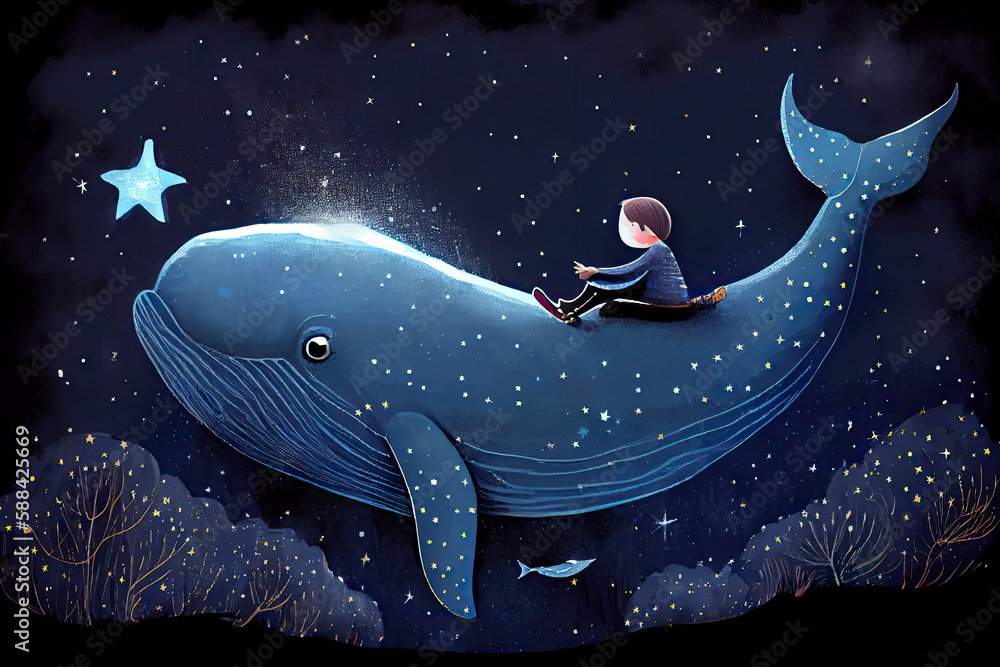 A surreal and dreamy hand-drawn illustration of a child riding a big ...