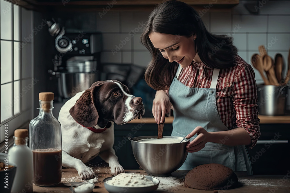 Woman prepares healthy homemade treats for her beloved pet. Baking dog ...