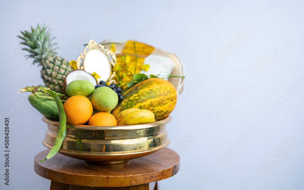 Kerala Traditional vishu kani image, Vegetables and fruits in a brass ...