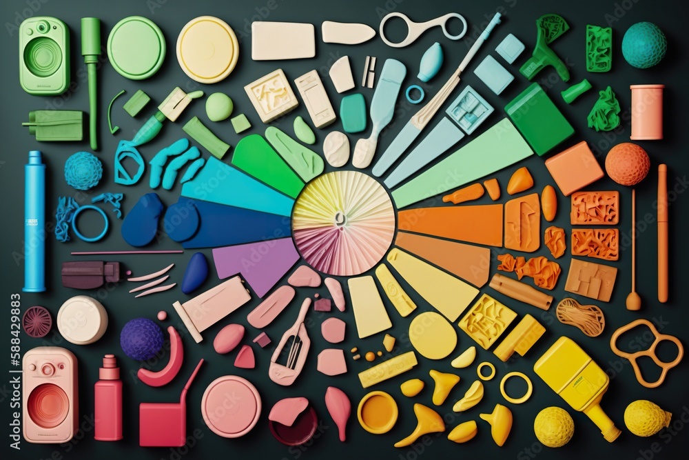 Pieces of colored plastic beautifully arranged in rainbow pattern, AI ...