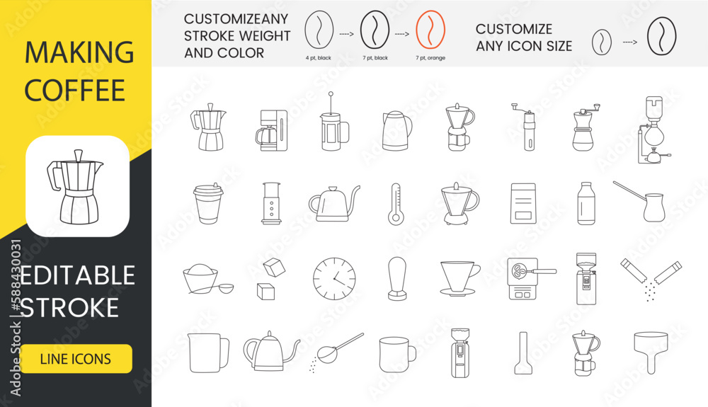 Coffee set line icons in vector, illustrations for instructions for ...