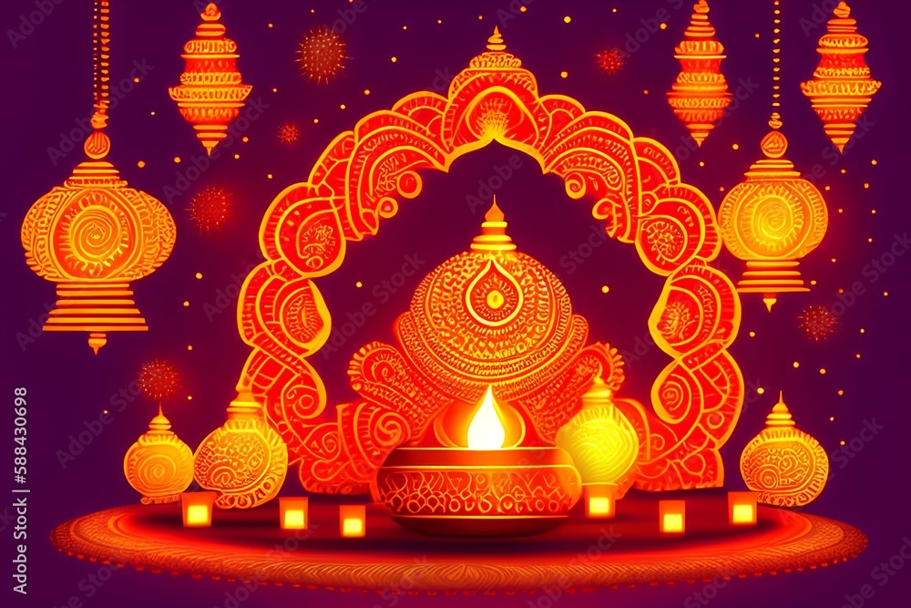 Diwali festival poster. dia lamps and rangoli, Vector illustration ...