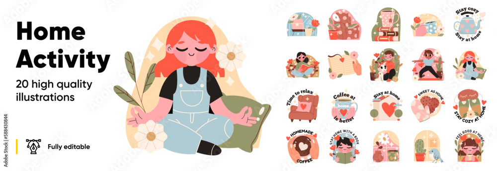 People stay at home. Men and women working, doing exercises and yoga ...