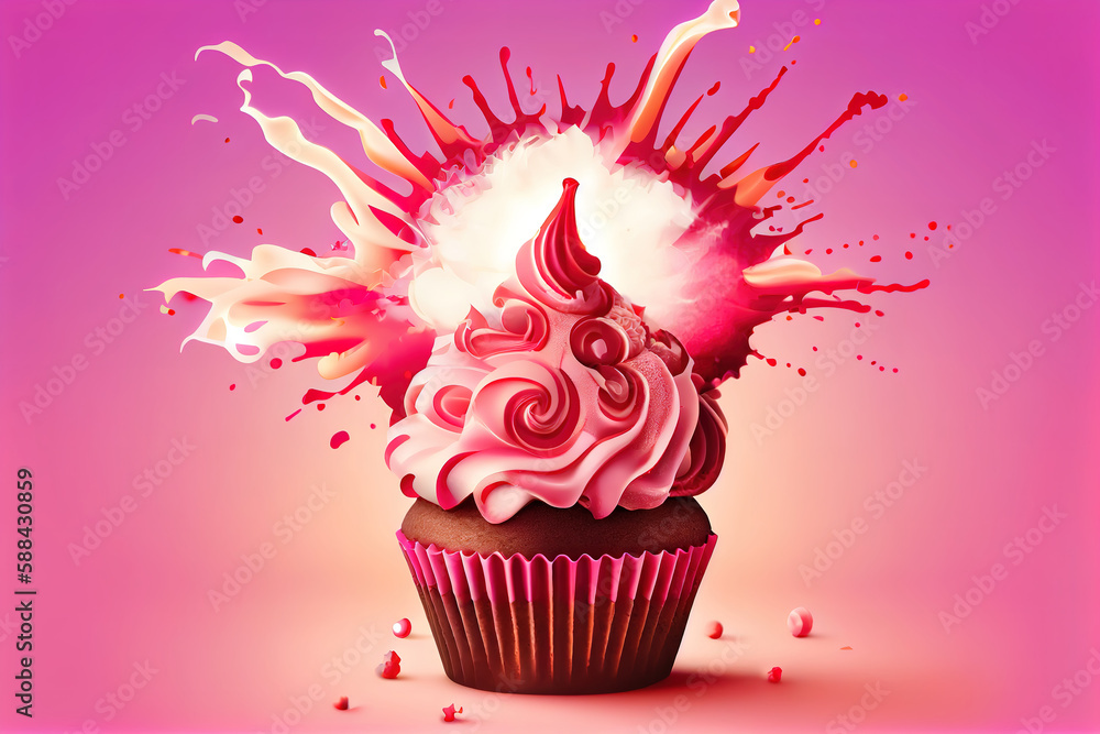 Chocolate cupcake with fire works in light pink background. Generative ...