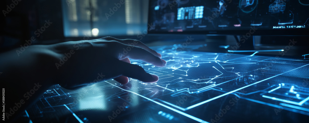 finger touching digital blue mesh of connections in front of a laptop ...