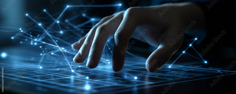 finger touching digital blue mesh of connections in front of a tablet ...