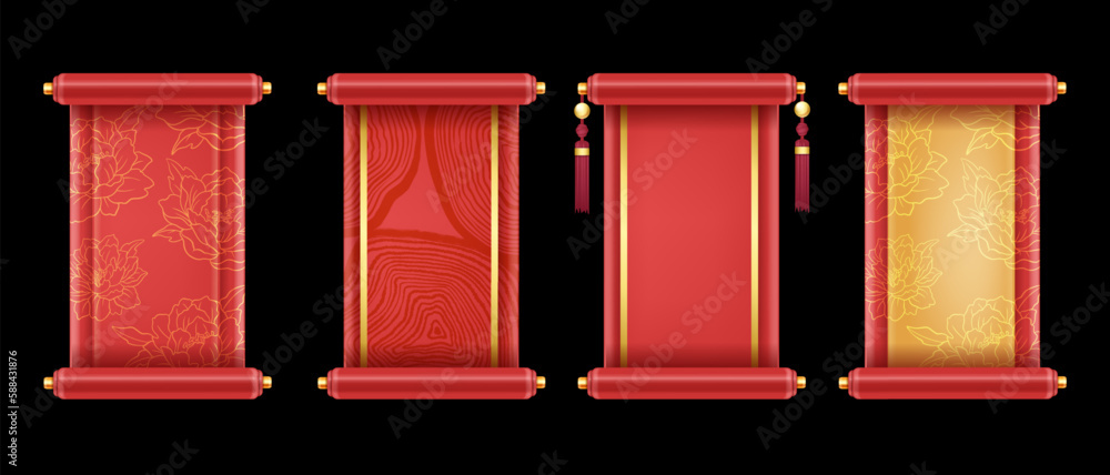 3D Chinese scroll set, royal red festive banner kit, vector asian game ...