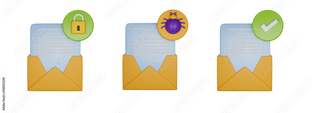 3D secure email icon set, render phishing detected concept, envelope ...