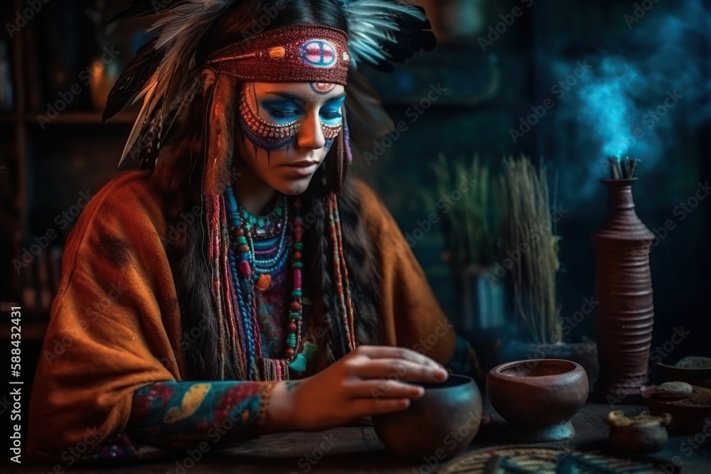 Indian shaman woman adorned with colorful feathers, who appears to be ...