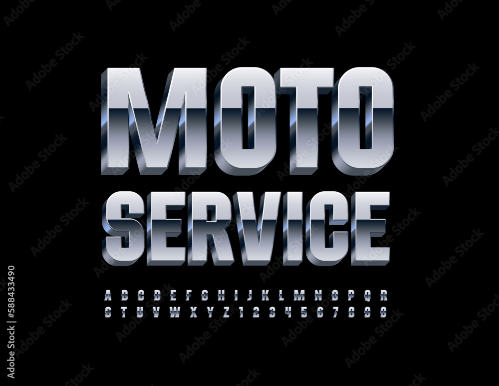 Vector metallic emblem Moto Service. Steel Alphabet Letters and Numbers ...