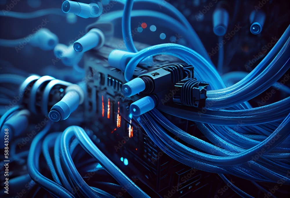 Blue cables, wires and trasmitting data signals, seamless loop ...