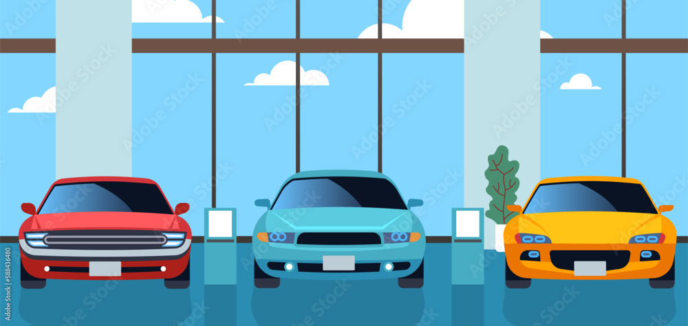 Car showroom with new modern cars. Automotive shop interior, cartoon ...
