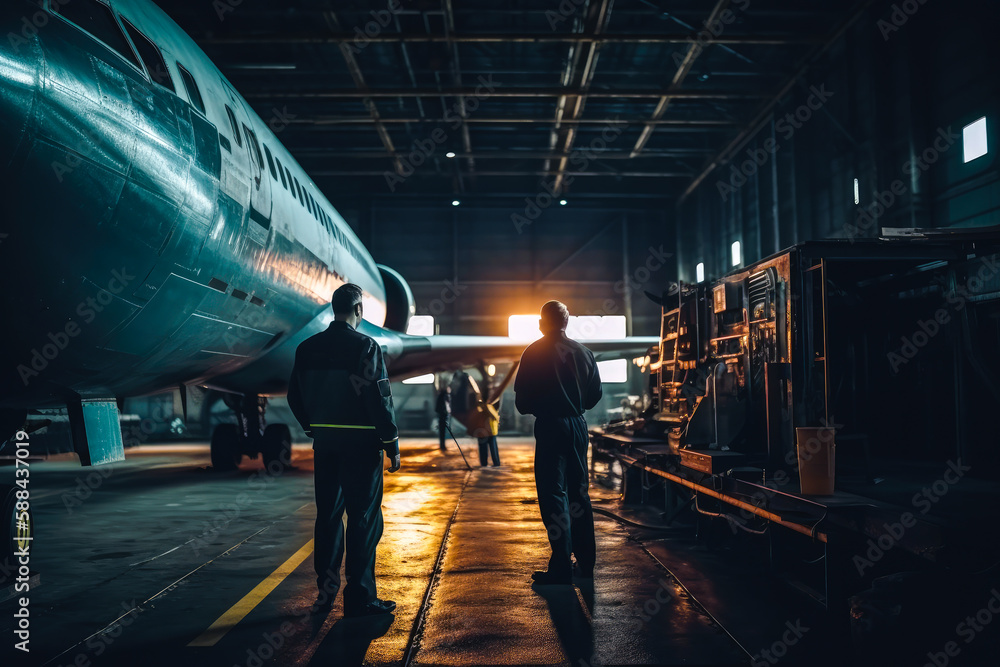 Poster Aeronautical engineers in a hangar and a jetliner in background ...
