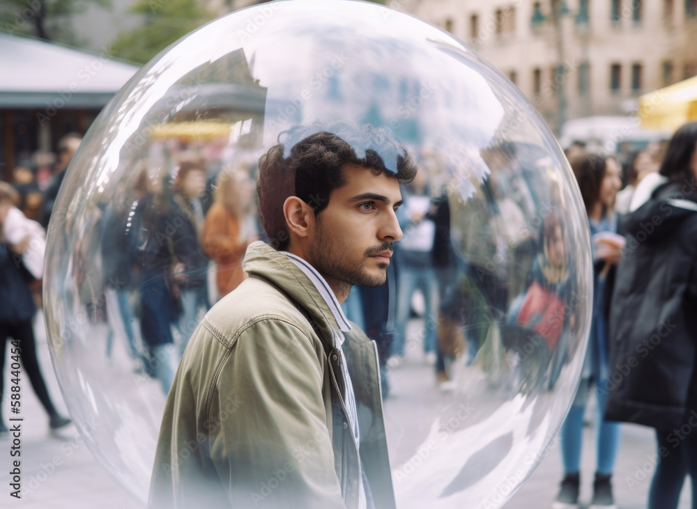 Young man inside a transparent bubble on a crowded city street ...