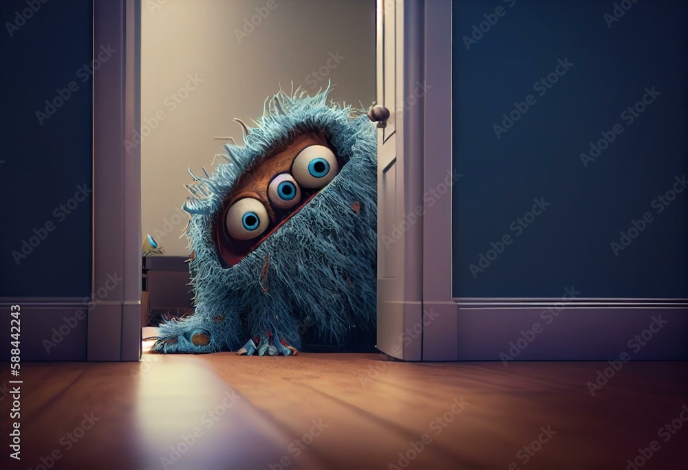 Funny monster peeks out from around corner, concept of Monster Mischief ...