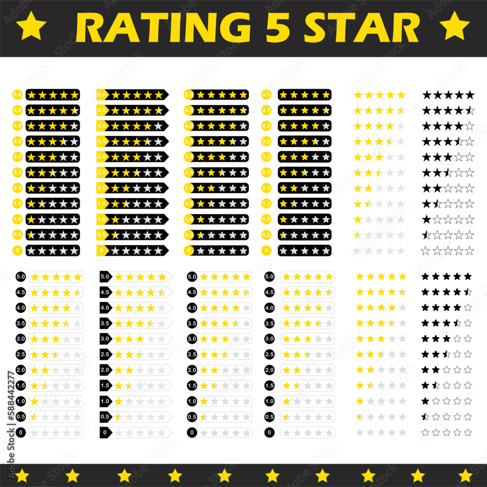 Rating stars icons set. Vector illustration. Yellow stars shape from ...