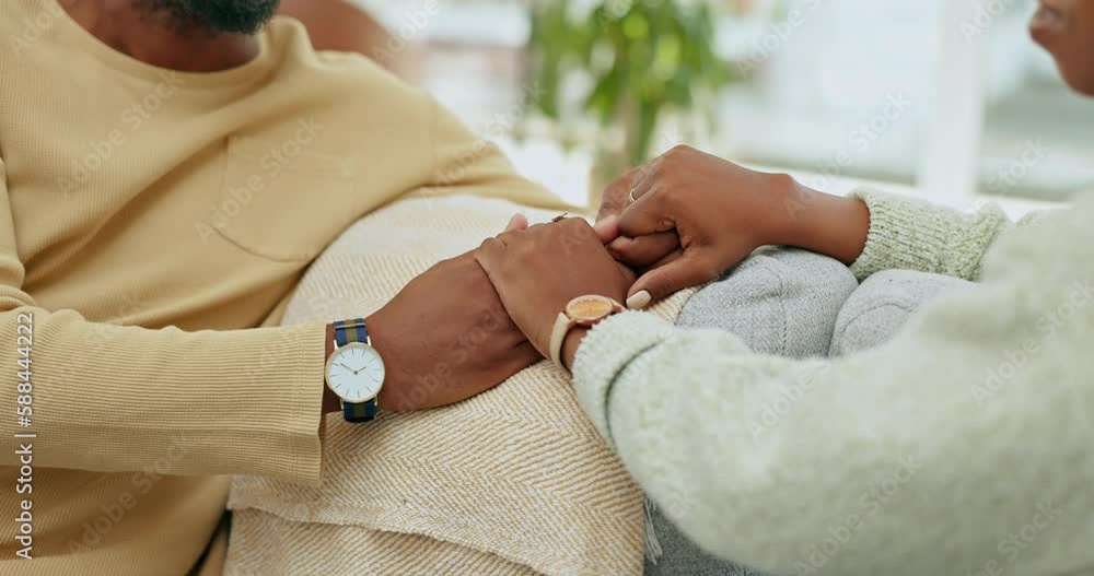Couple hands together, support and love with comfort, commitment and ...