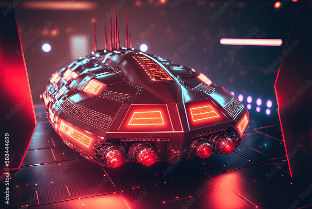 Battle spaceship with neon lights. Futuristic flight in space ...